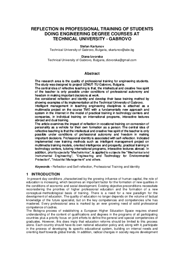 (PDF) REFLECTION IN PROFESSIONAL TRAINING OF STUDENTS DOING ENGINEERING DEGREE COURSES AT ...