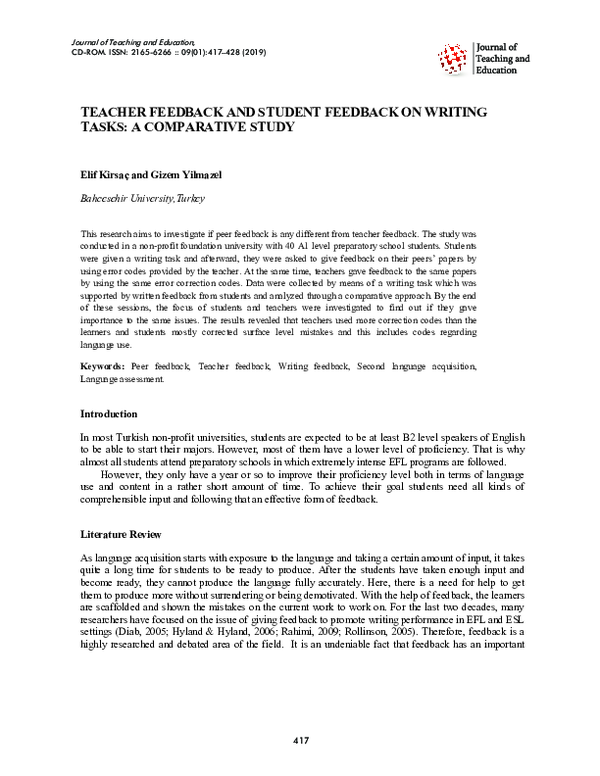 (PDF) TEACHER FEEDBACK AND STUDENT FEEDBACK ON WRITING TASKS: A ...