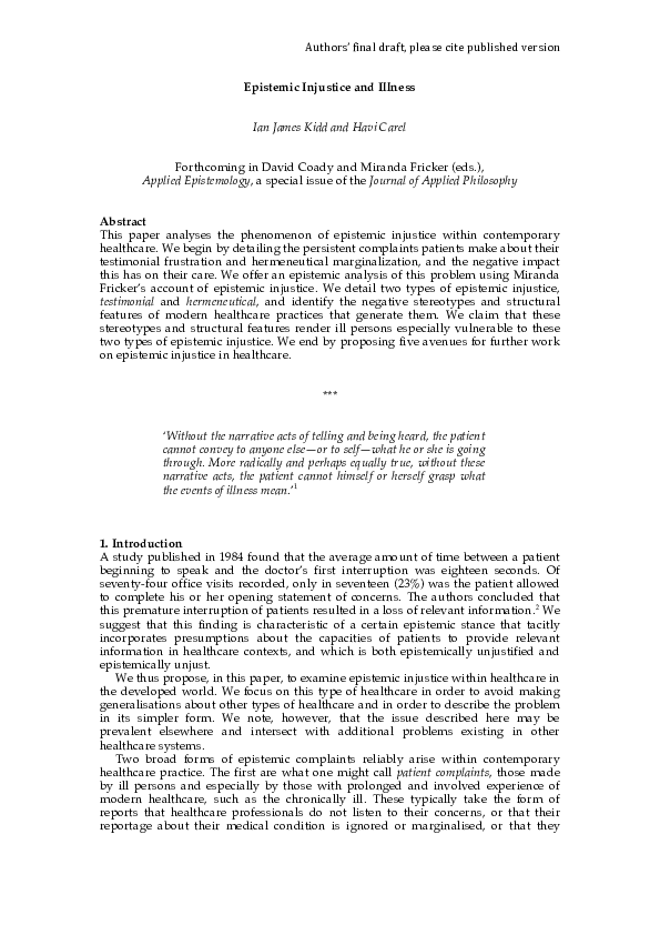 (PDF) Epistemic Injustice and Illness