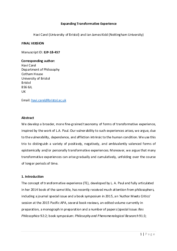 (DOC) Expanding Transformative Experience