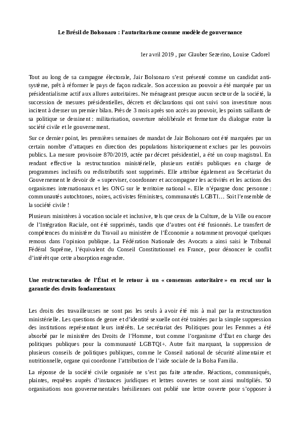 (PDF) Le Brésil de Bolsonaro : l'autoritarisme comme modèle de ...