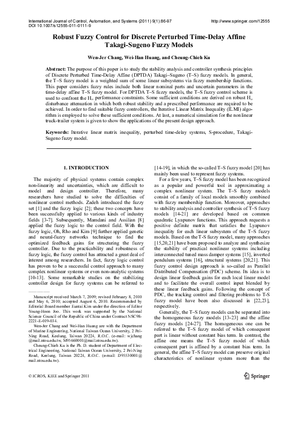 (PDF) Robust Fuzzy Control for Discrete Perturbed Time-Delay Affine Takagi-Sugeno Fuzzy Models