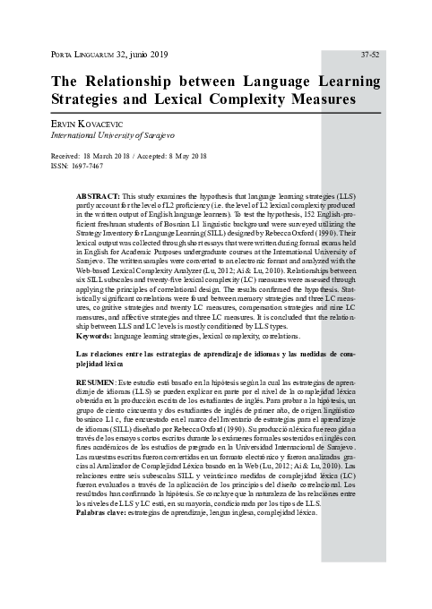 (PDF) The Relationship between Language Learning Strategies and Lexical Complexity Measures