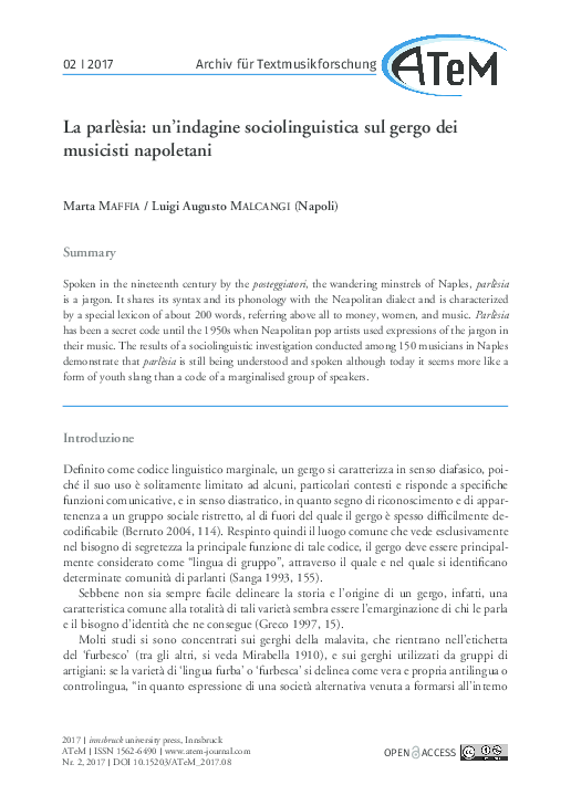 (PDF) Maffia M., Malcangi L. A., “La parlèsia: un’indagine ...