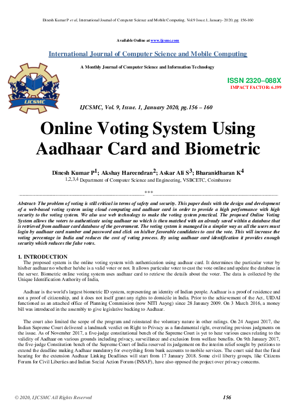 (PDF) Online Voting System Using Aadhaar Card and Biometric﻿