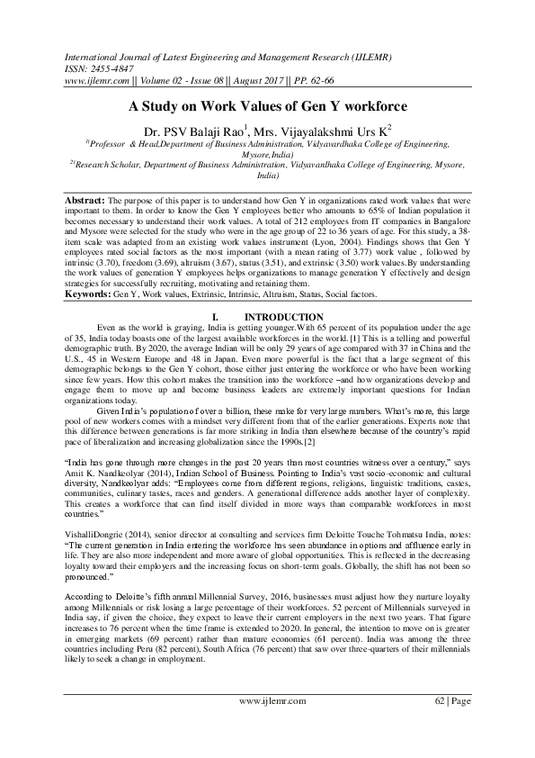 (PDF) A study on work values of Gen Y workforce (1)