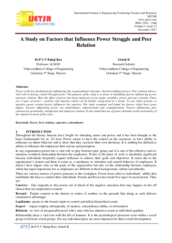 (PDF) A Study on Factors that Influence Power Struggle and Peer Relation