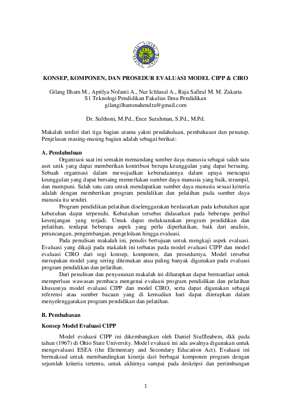 (DOC) KONSEP, KOMPONEN, DAN PROSEDUR EVALUASI MODEL CIPP & CIRO