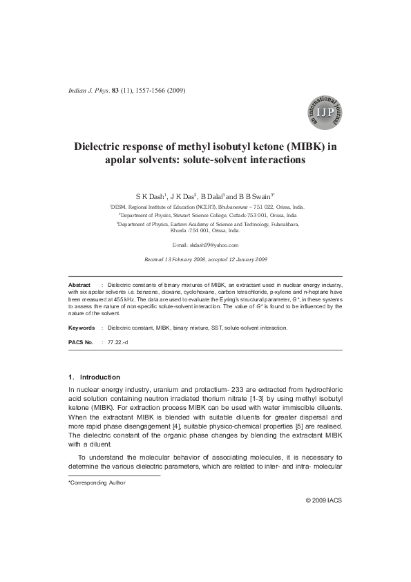 (PDF) Dielectric Response of MIBK in Apolar Solvents