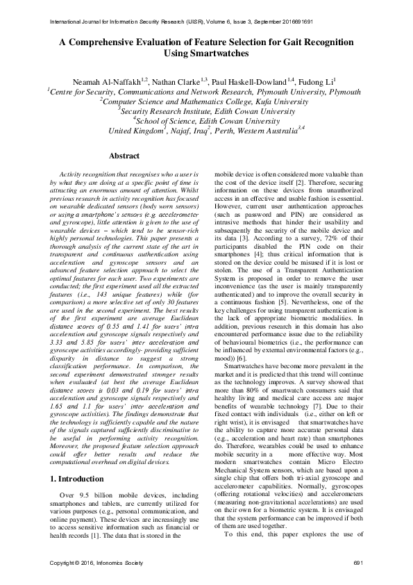 (PDF) A Comprehensive Evaluation of Feature Selection for Gait Recognition Using Smartwatches