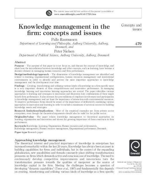 (PDF) Knowledge management in the firm: concepts and issues