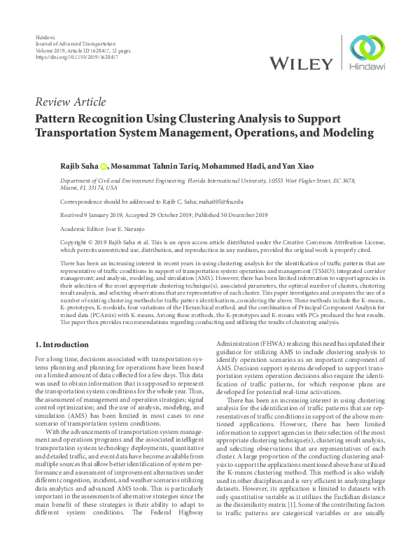 (PDF) Pattern Recognition Using Clustering Analysis to Support Transportation System Management ...