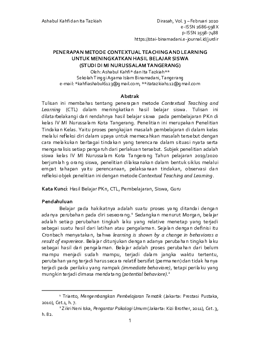 (PDF) PENERAPAN METODE CONTEXTUAL TEACHING AND LEARNING UNTUK MENINGKATKAN HASIL BELAJAR SISWA ...