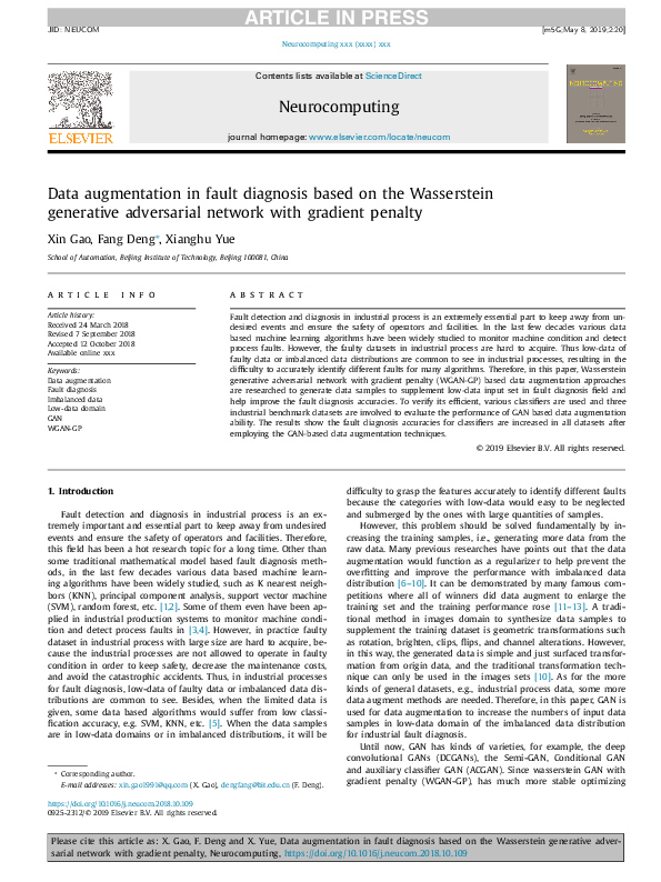 Pdf Data Augmentation In Fault Diagnosis Based On The Wasserstein Generative Adversarial