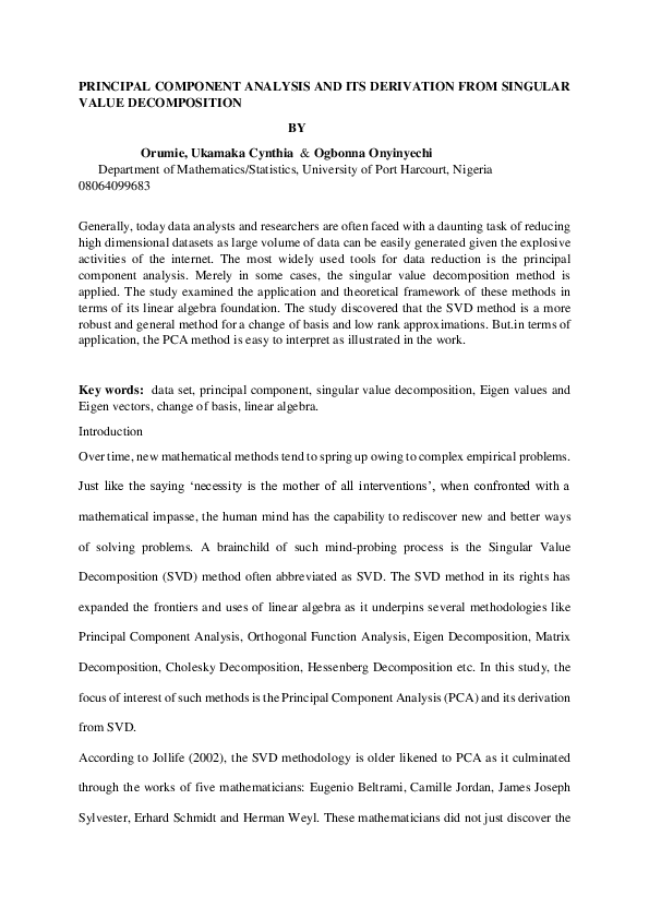 Doc Principal Component Analysis And Its Derivation From Singular
