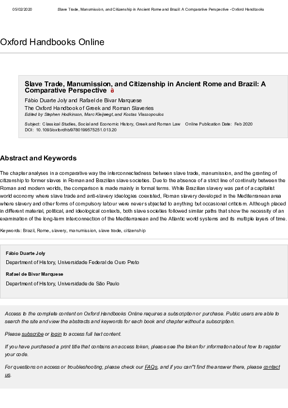 (PDF) JOLY, F. D.; MARQUESE, R. B. Slave Trade, Manumission, and ...