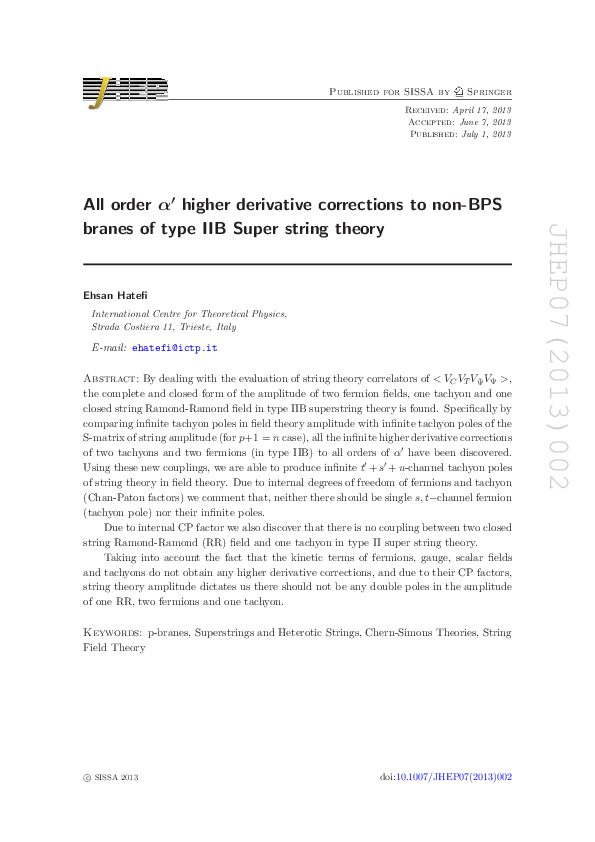 (PDF) All order α′ higher derivative corrections to non-BPS branes of ...