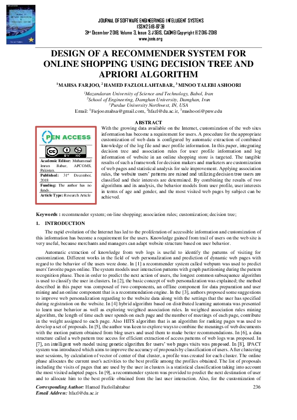Pdf Design Of A Recommender System For Online Shopping Using Decision Tree And Apriori Algorithm