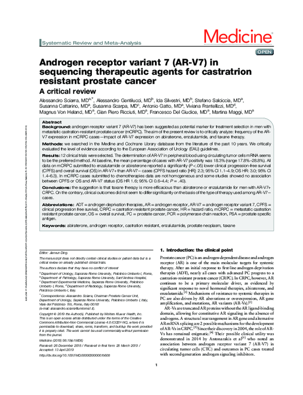 (PDF) Androgen receptor variant 7 (AR-V7) in sequencing therapeutic agents for castratrion ...