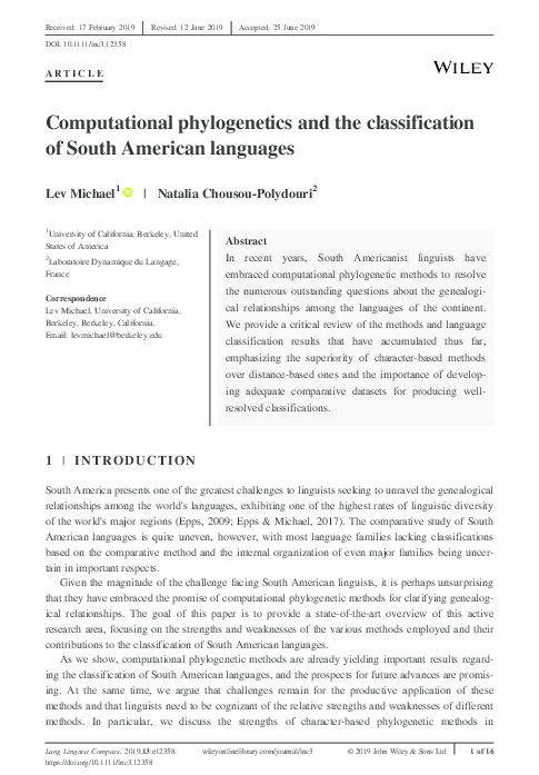 (PDF) Computational phylogenetics and the classification of South American languages (2019)