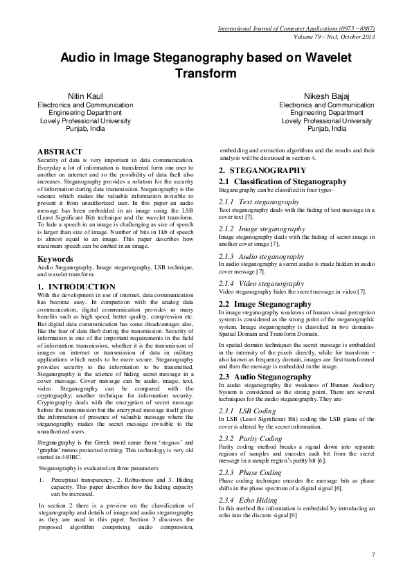 (PDF) Audio in Image Steganography based on Wavelet Transform