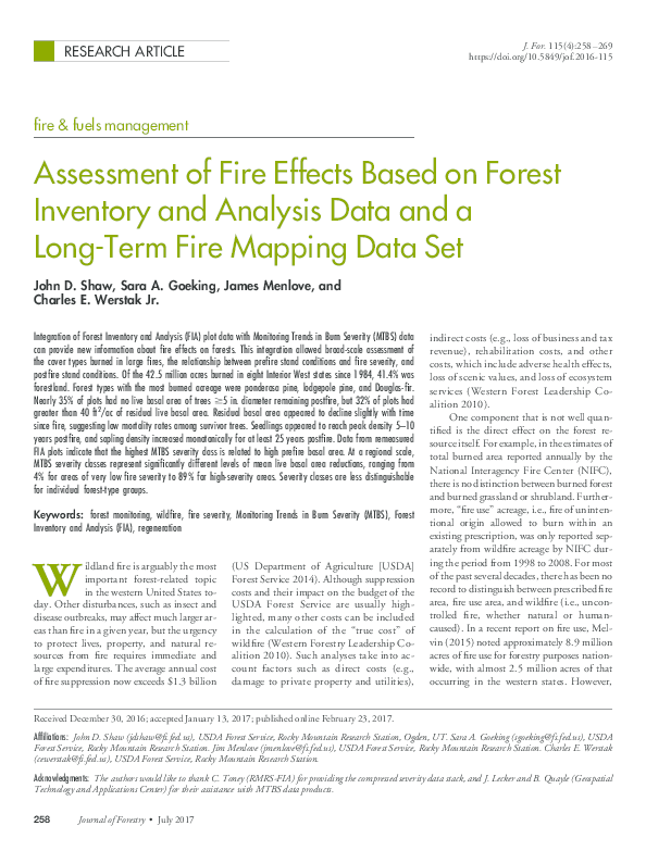 Pdf Assessment Of Fire Effects Based On Forest Inventory And Analysis