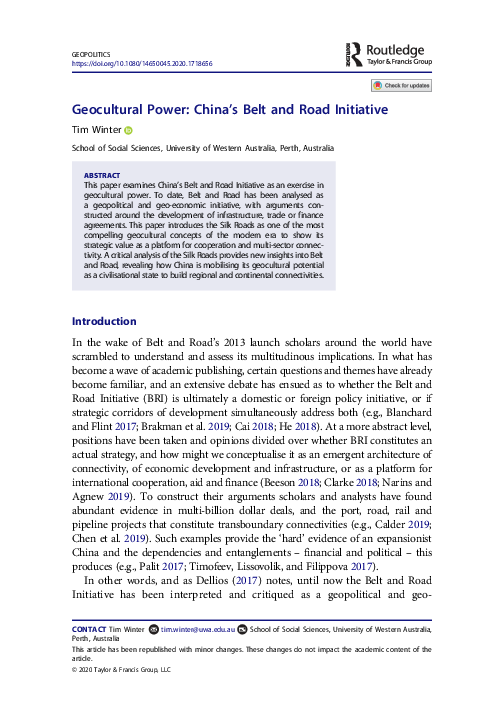 (PDF) Geocultural Power: China's Belt and Road Initiative