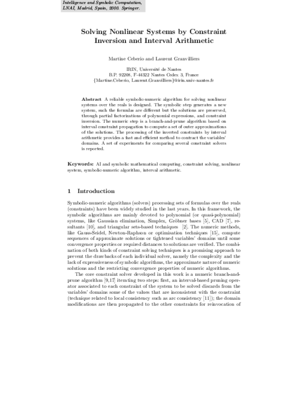 Pdf Solving Nonlinear Systems By Constraint Inversion And Interval Arithmetic
