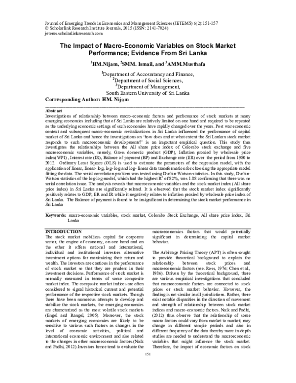 Pdf The Impact Of Macro Economic Variables On Stock Market Performance Evidence From Sri Lanka