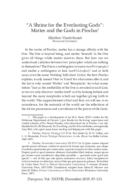 (PDF) "A Shrine for the Everlasting Gods": Matter and the Gods in Proclus