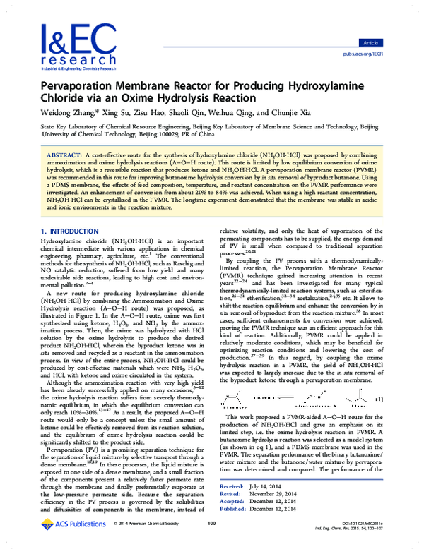 (PDF) Pervaporation Membrane Reactor for Producing Hydroxylamine ...
