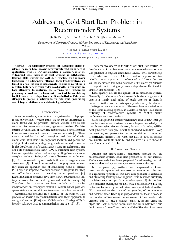 Pdf Addressing Cold Start Item Problem In Recommender Systems