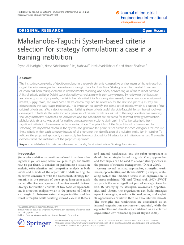 (PDF) Mahalanobis-Taguchi System-based criteria selection for strategy formulation: a case in a ...