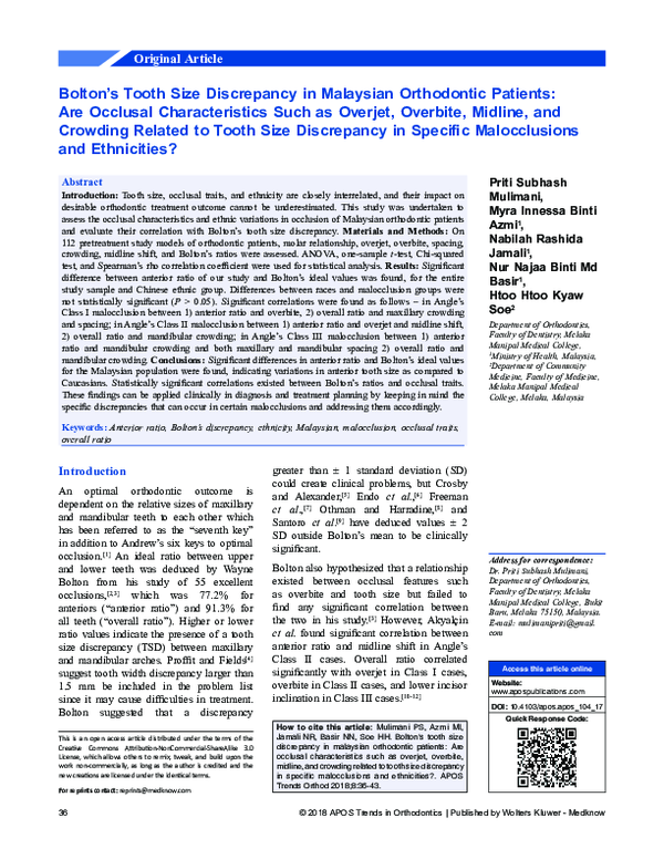 (PDF) Bolton’s tooth size discrepancy in Malaysian orthodontic patients ...
