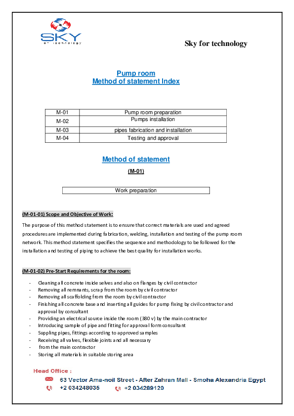 (DOC) Pump room Method of statement Index Method of statement (M-01