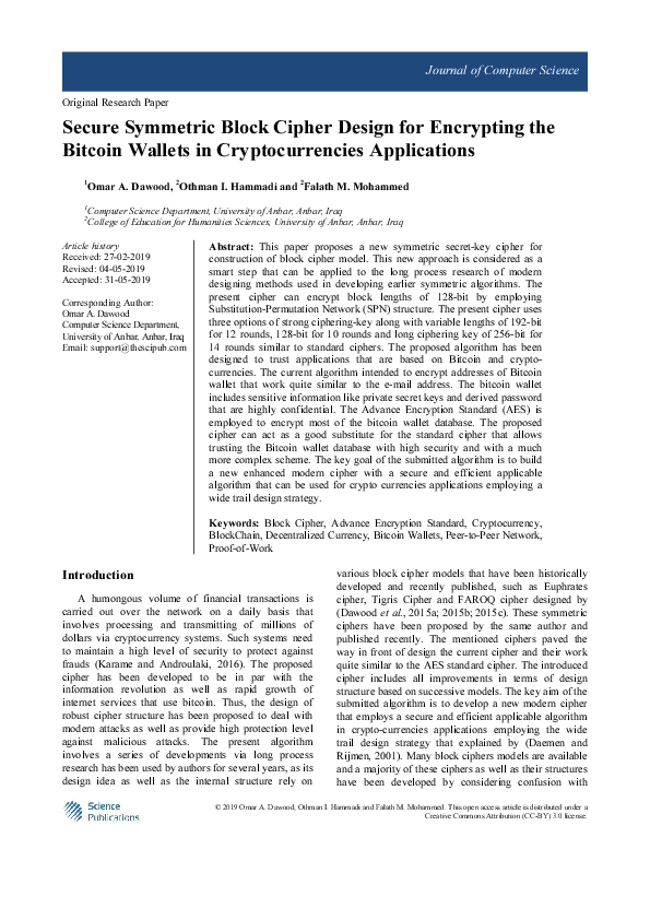 Pdf Secure Symmetric Block Cipher Design For Encrypting The Bitcoin