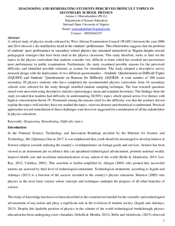 (DOC) DIAGNOSING AND REMEDIATING STUDENTS PERCIEVED DIFFICULT TOPICS IN ...