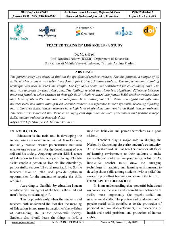 (PDF) TEACHER TRAINEES' LIFE SKILLS - A STUDY