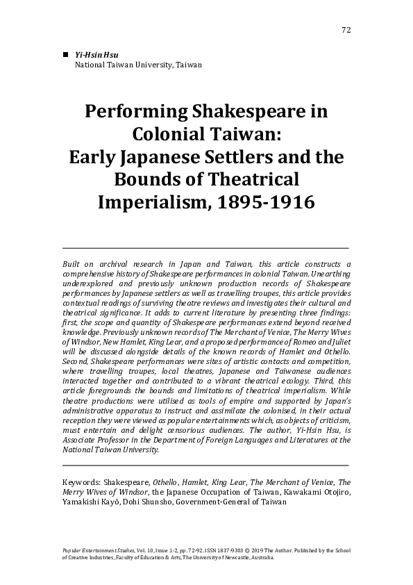 (PDF) Performing Shakespeare in Colonial Taiwan: Early Japanese ...