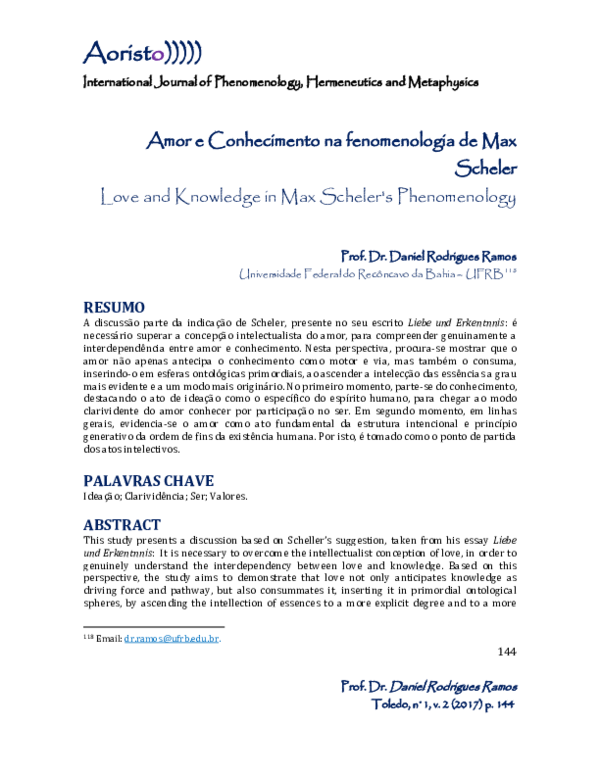 (PDF) Amor e Conhecimento na fenomenologia de Max Scheler Love and ...