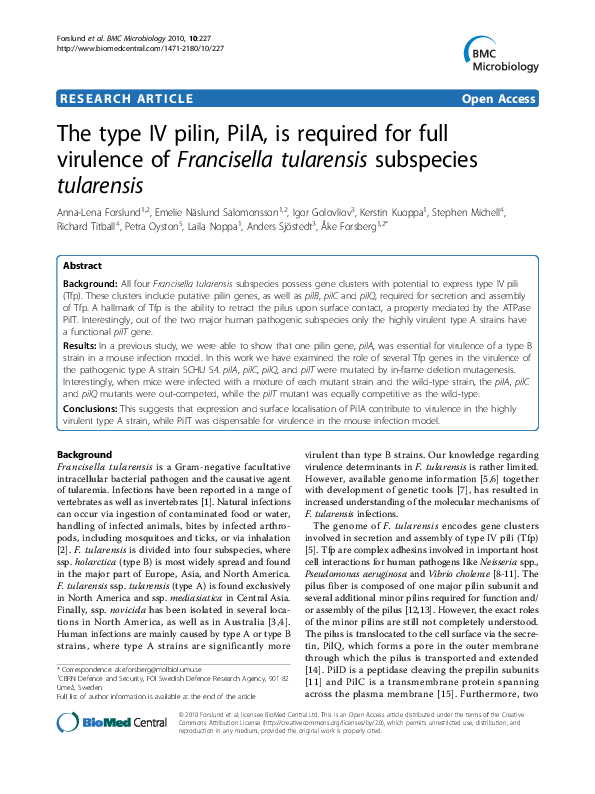 (PDF) The type IV pilin, PilA, is required for full virulence of ...