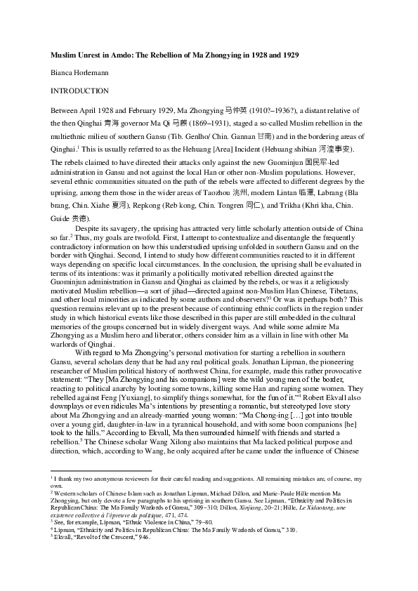 (DOC) Muslim Unrest in Amdo: The Rebellion of Ma Zhongying in 1928 and 1929