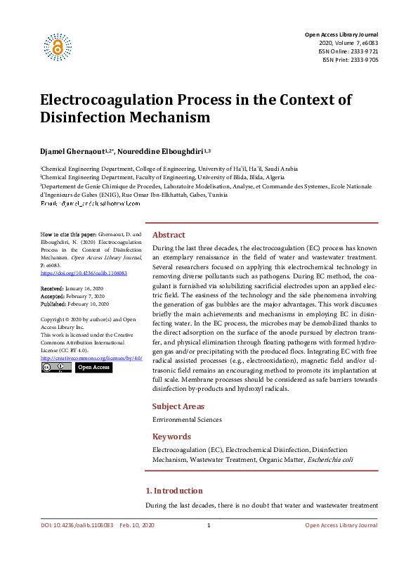 (PDF) Electrocoagulation Process in the Context of Disinfection Mechanism