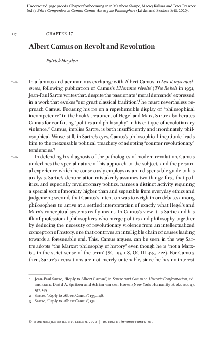 (PDF) Albert Camus on Revolt and Revolution