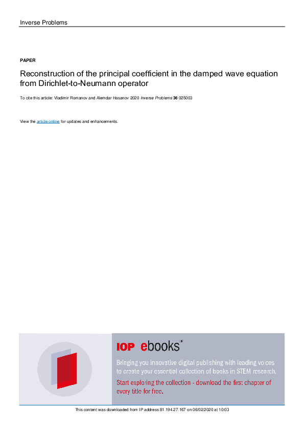 (PDF) Reconstruction of the principal coefficient in the damped wave equation from Dirichlet-to ...