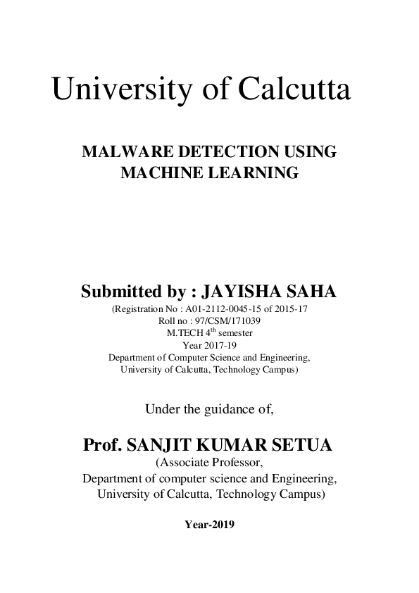 (PDF) MALWARE DETECTION USING MACHINE LEARNING Prof. SANJIT KUMAR SETUA