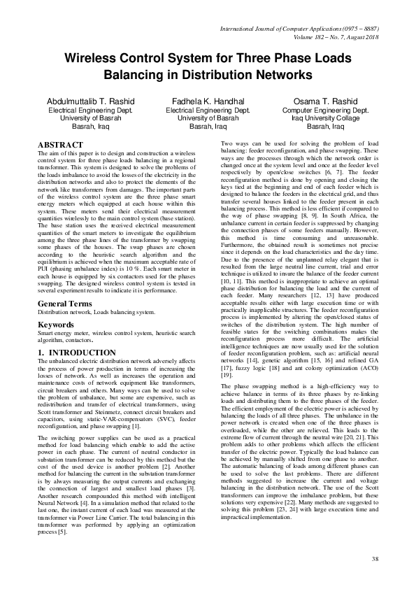 Pdf Wireless Control System For Three Phase Loads Balancing In Distribution Networks