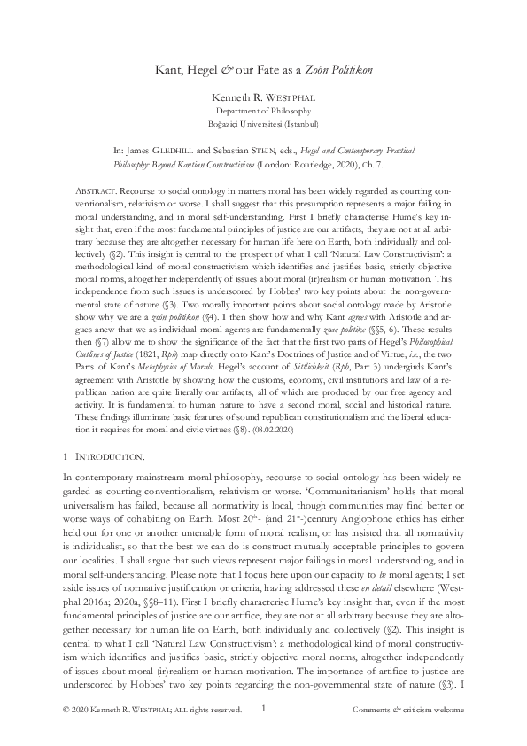 (PDF) Kant, Hegel & our Fate as Zoôn Politikon | Kenneth R Westphal - Academia.edu