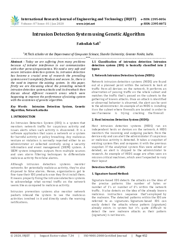 (PDF) IRJET- Intrusion Detection System using Genetic Algorithm (PDF) IRJET- Intrusion Detection System using Genetic Algorithm