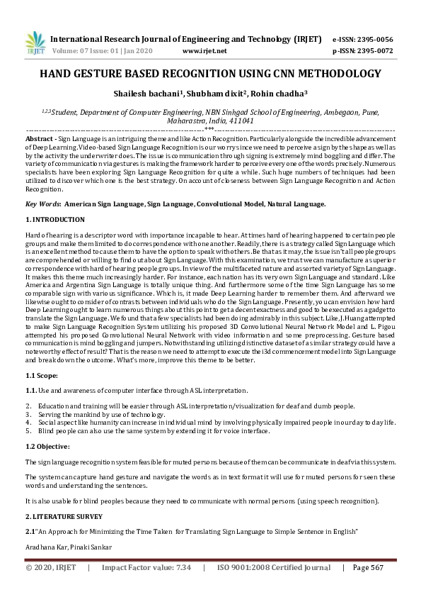 (PDF) IRJET- HAND GESTURE BASED RECOGNITION USING CNN METHODOLOGY